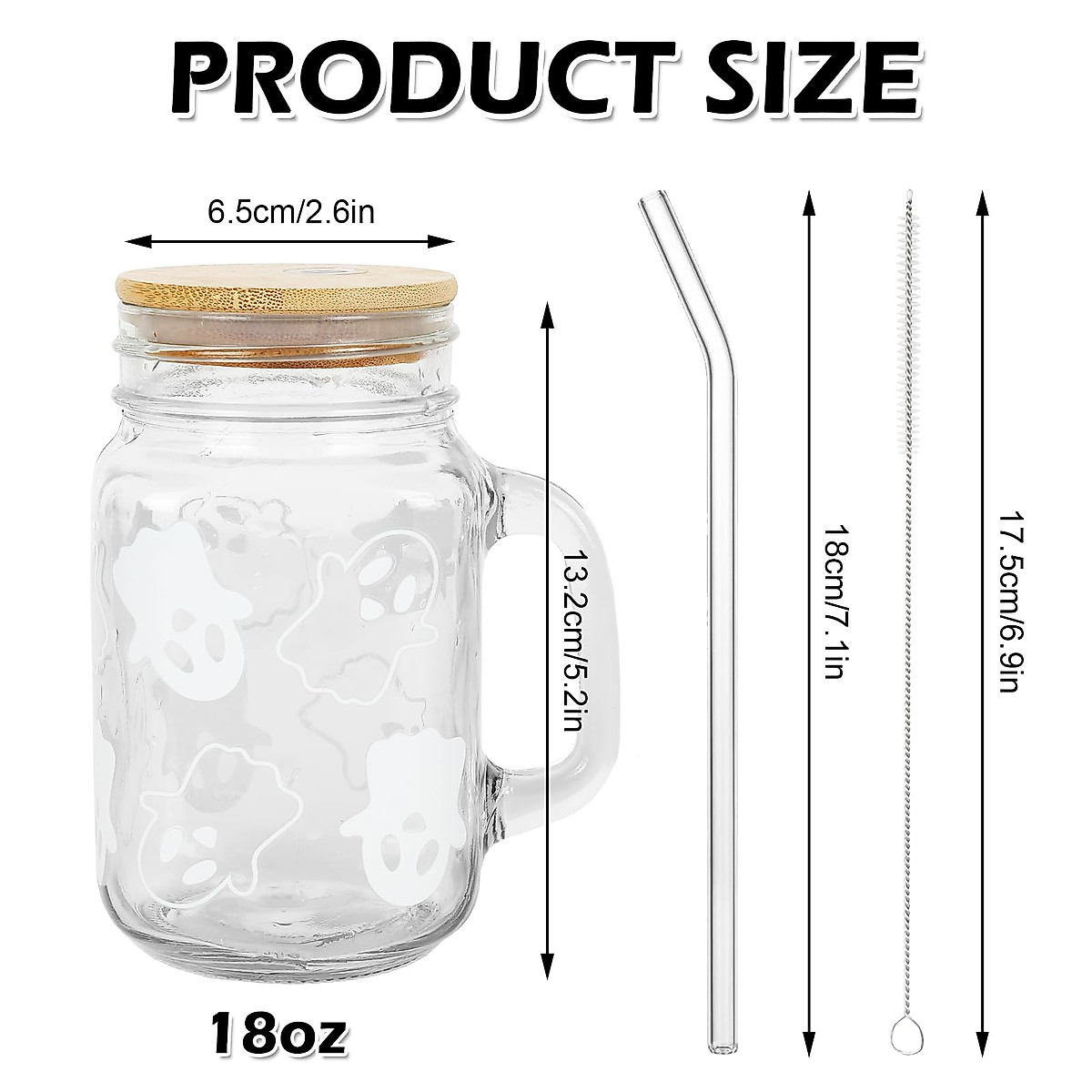 Whaline Halloween Mason Jar Mug with Handle 18oz Cute Ghost Mason Jar Drinking Glasses Halloween Ghost Ice Coffee Cups Glass Mugs Tumbler with Lid and Straw for Iced Coffee Tea Soda Cocktail Gifts