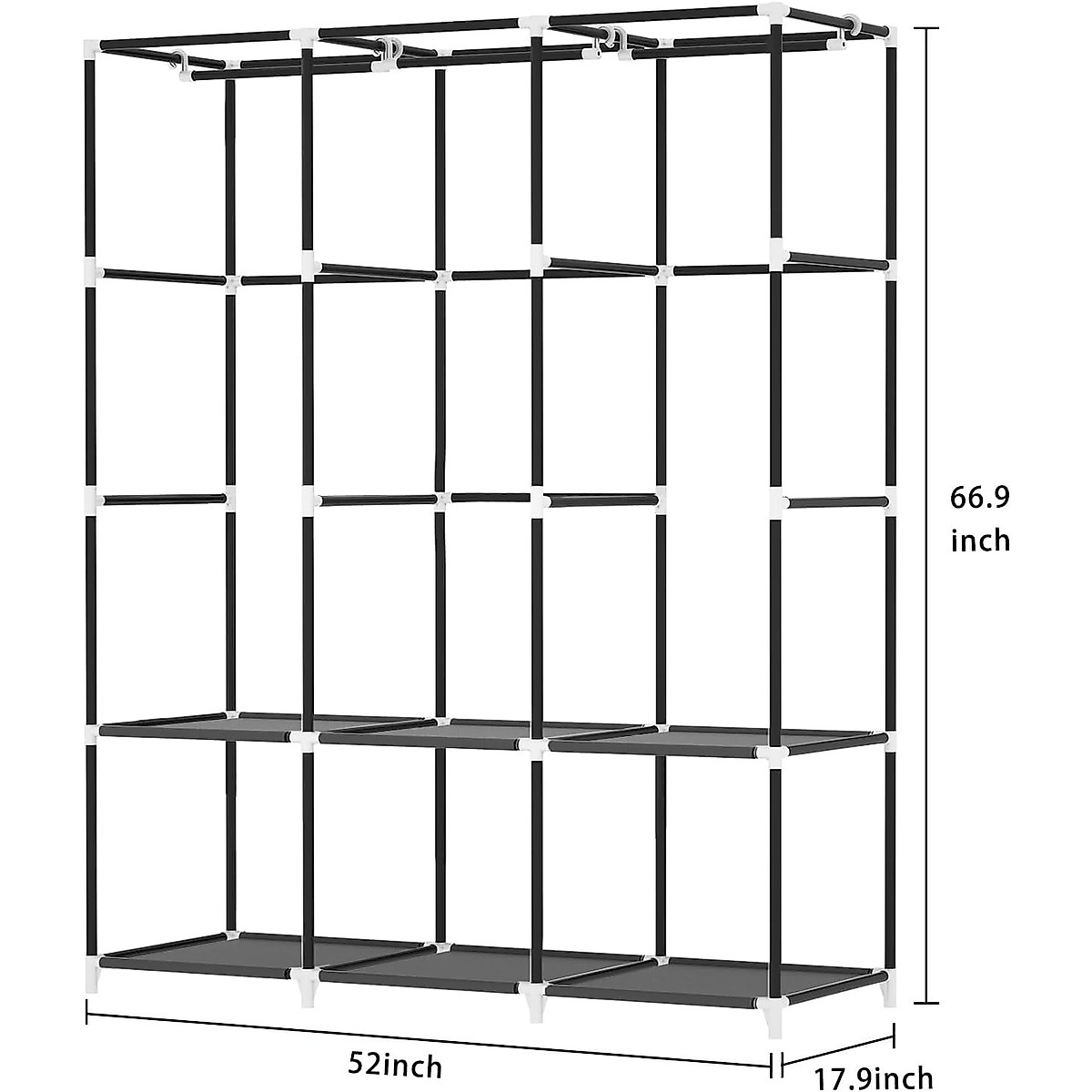 LOKEME Portable Closet, Portable Closets for Hanging Clothes with 3 Hanging Rods and 6 Storage Shelves and 4 Side Pockets, Black Wardrobe Closet Easy to Assemble and Strong and Stable