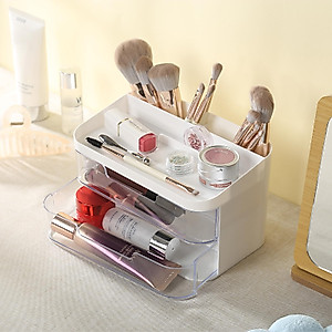 DOCMON Desk Organizer with 2 Drawers, Cute Pen Pencil Holder for Desk, Makeup Brush Holder Organizer for Vanity Home Office School