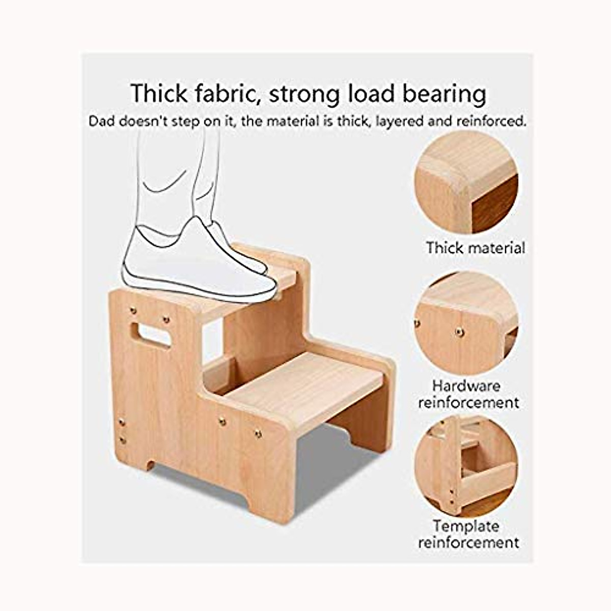 YEBDD Wooden 2-Step Stool with Maple Finish for Kids and Adults, Features 2 Convenient Carrying Handles, Suitable for Individuals Up to 200lbs