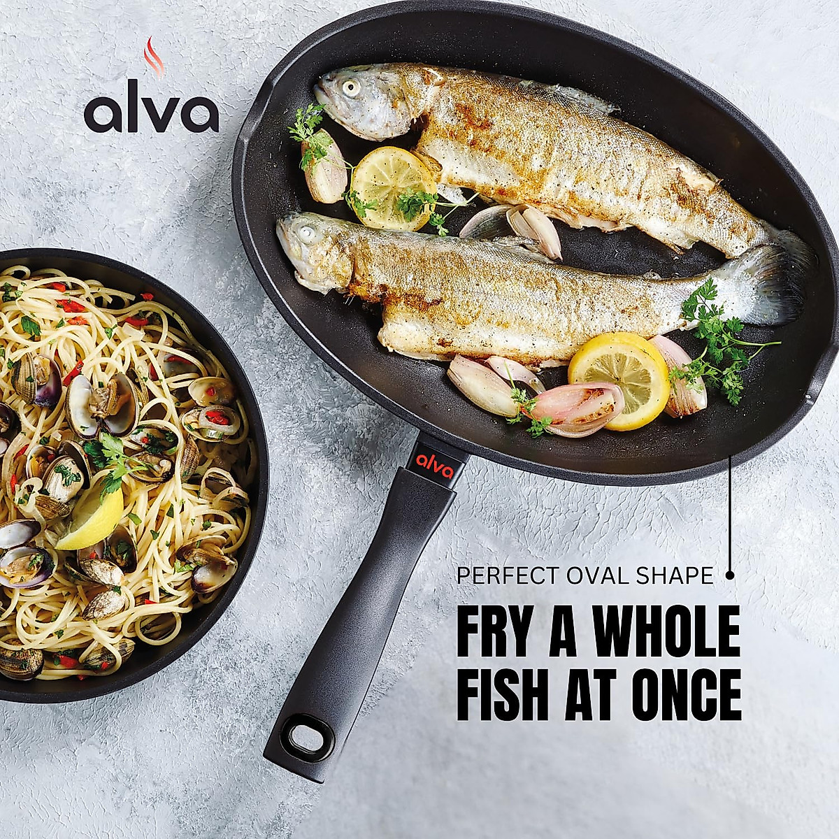 ALVA Energy Non Stick Fish Pan 13.4" Skillet, Oval Shaped Non Stick Frying Pan with Pour Spouts, Cast Aluminium Nonstick Fry Pan for Stove Top, Induction Compatible Cookware