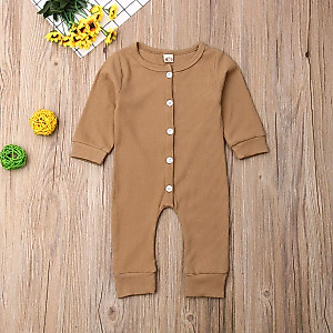Kuriozud Newborn Infant Unisex Baby Boy Girl Long Sleeve Button Solid Knitted Romper Bodysuit One Piece Jumpsuit Summer Outfits Clothes (Long Sleeve Jumpsuit Brown, 0-3 Months)