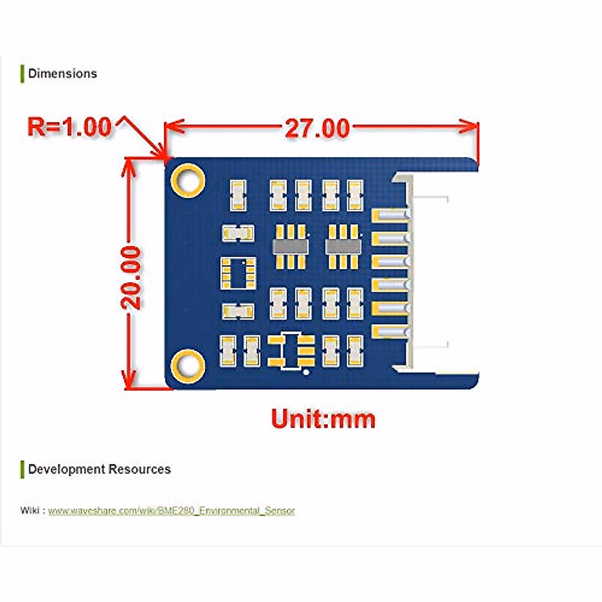 Waveshare BME280 Environmental Sensor, Compatible with Raspberry Pi 5/4B/3B/Zero/Zero W/Zero 2W/Pico/Pico W/Pico WH, Temperature, Humidity, Barometric Pressure