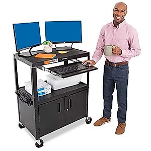 Line Leader Extra Wide AV Cart with Locking Cabinet, Rolling Computer Desk, Height Adjustable Utility Cart with Pullout Keyboard Tray & UL-Listed Power Strip, Great for Projectors (42 x 32 x 20in)