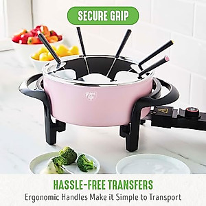 GreenLife 14 Cup Electric Fondue Maker Pot Set For Cheese, Chocolate, and Meat, 8 Color Coded Forks, Healthy Ceramic Nonstick, Adjustable Temperature Control, PFAS-Free, Pink