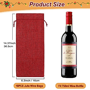 Shintop 10pcs Jute Wine Bags, 13.4 x 5.9 inches Hessian Wine Bottle Gift Bags with Drawstring for Wedding Christmas Wine Tasting Party Favors(Red)