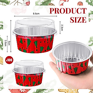 Umigy 100 Pcs Christmas Aluminum Foil Baking Cups with Lids 4.3oz Baking Liner Cups Xmas Disposable Ramekins Muffin Tins Cupcake Baking Pan Foil Cupcake Containers for Christmas Party (Christmas Tree)