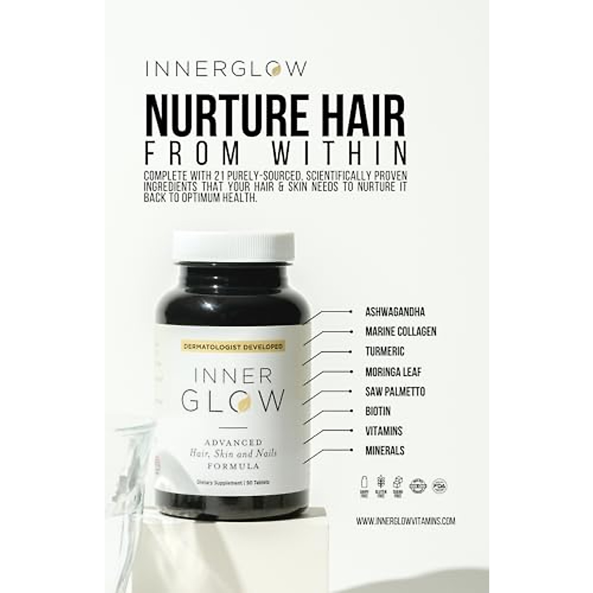Inner Glow Advanced Hair, Skin & Nails Formula - Dermatologist and Plastic Surgeon Developed, clinically Tested for visibly Stronger and Thicker Hair in 12 Weeks