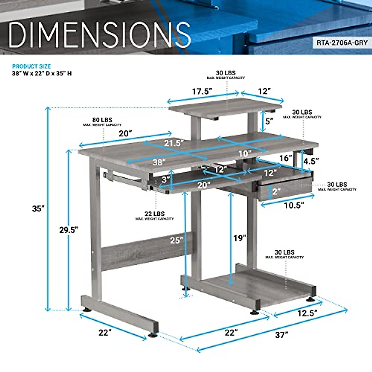 Techni Mobili Complete Computer Workstation Desk, Gray, 37.75" W x 22" D x 35" H