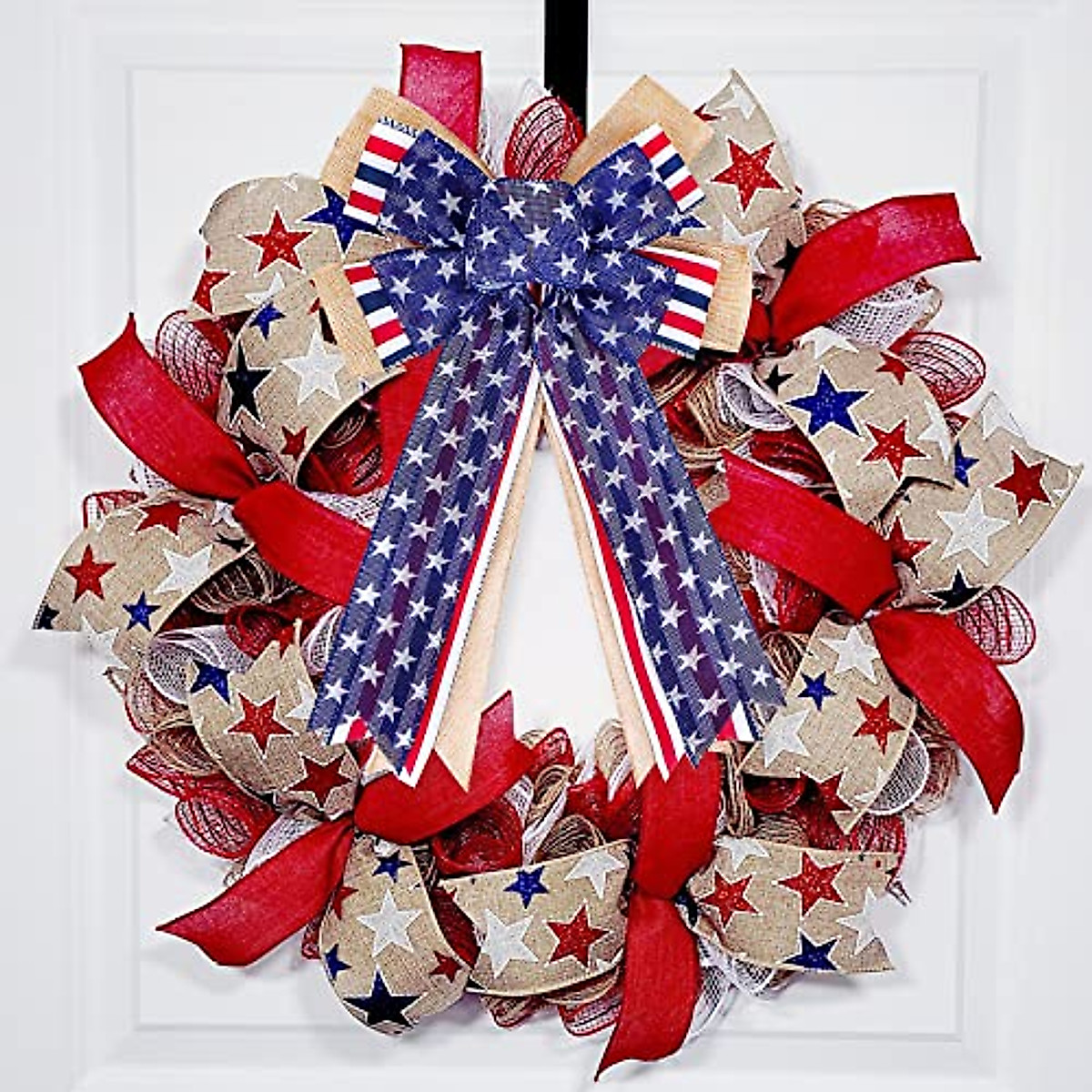 Patriotic Burlap Ribbon Wired 4th of July Red White Blue Star Ribbons American Flag Ribbon for Memorial Day, Veteran's Day, 2-1/2 inch 5 Yards*3 Rolls