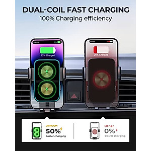 Wireless Car Charger Phone Mount: Dual Coil Joyroom LED Qi 15W Cell Phone Fast Charging Vent Holder with Auto Smart Sensor Clamping for iPhone 14 13 12 11 Pro Max, Samsung Galaxy S22 21 Note 20