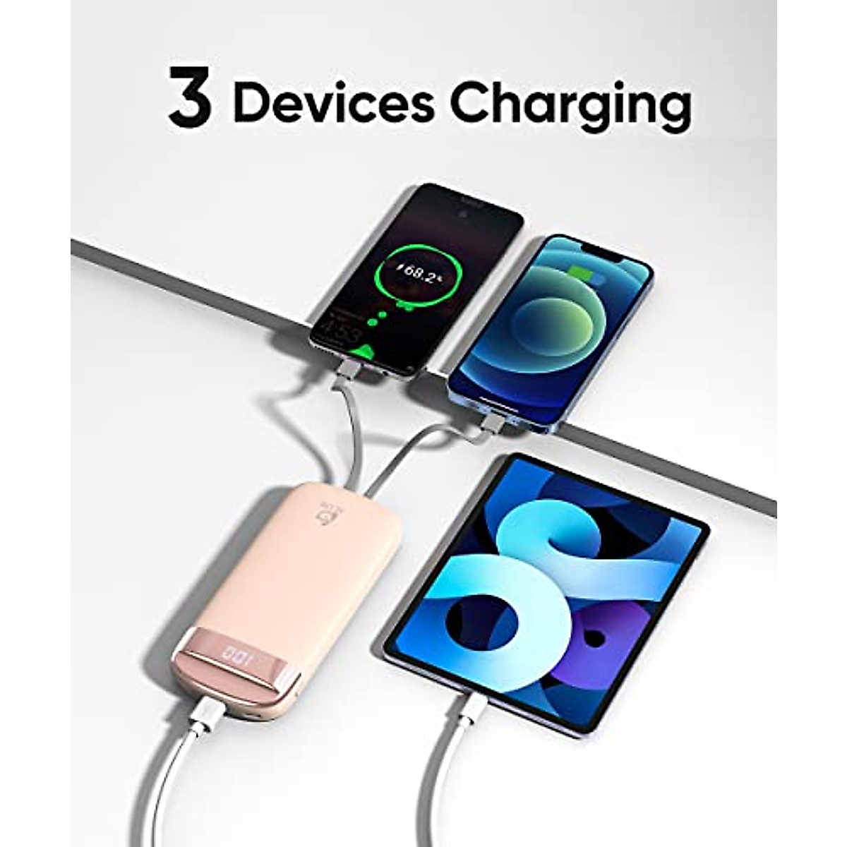 Portable Charger with Built in Cables, 10000mAh USB C iPhone Power Bank, Type C Backup External Battery Pack with 3 Outputs LED Display Compatible with iPhone, Galaxy, Android CellPhones (Pink)