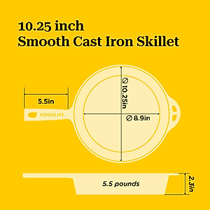 COOKLIFE 10.25 Inch Smooth Pre-Seasoned Round Cast Iron Skillet with Handle Cover, Frying Pan with Long Handle - Use in th Oven, Over a Campfire Fire or on the Stovetop, Induction, Grill, Bronze