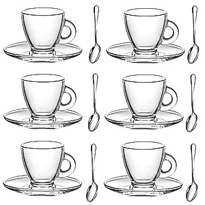 GURUDAR Espresso Cups with Saucers and Spoons Set of 6, Glass Demitasse Cups for Cappuccino Latte Café Mocha Tea and More Beverage, 3.2OZ/95ML, Clear