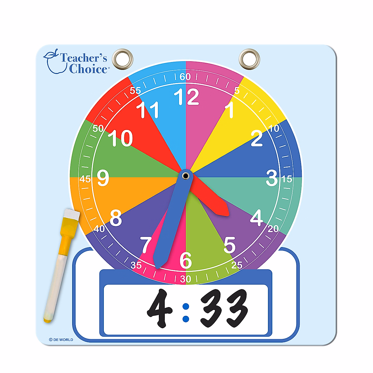 Teacher's Choice Writable Dry Erase Learning Clock | Large 12" Demonstration Teaching Time Practice Clock with Dry Erase Writing Surface | Marker Included | (Rainbow)