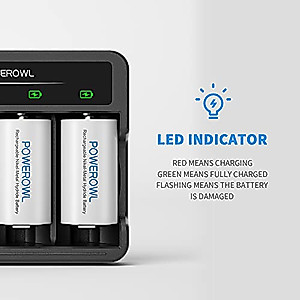 POWEROWL Rechargeable D Batteries with 4 Bay Battery Charger, USB Quick Charging, for AA AAA C D Ni-MH Ni-CD Rechargeable Batteries -4 Count