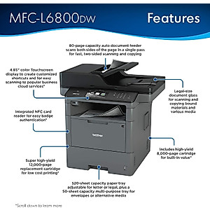 Brother MFC-L68 00DW All-in-One Wireless Monochrome Laser Printer, Print Copy Scan Fax, Multifunction, Mobile Printing & Scanning, Duplex Print, PCM