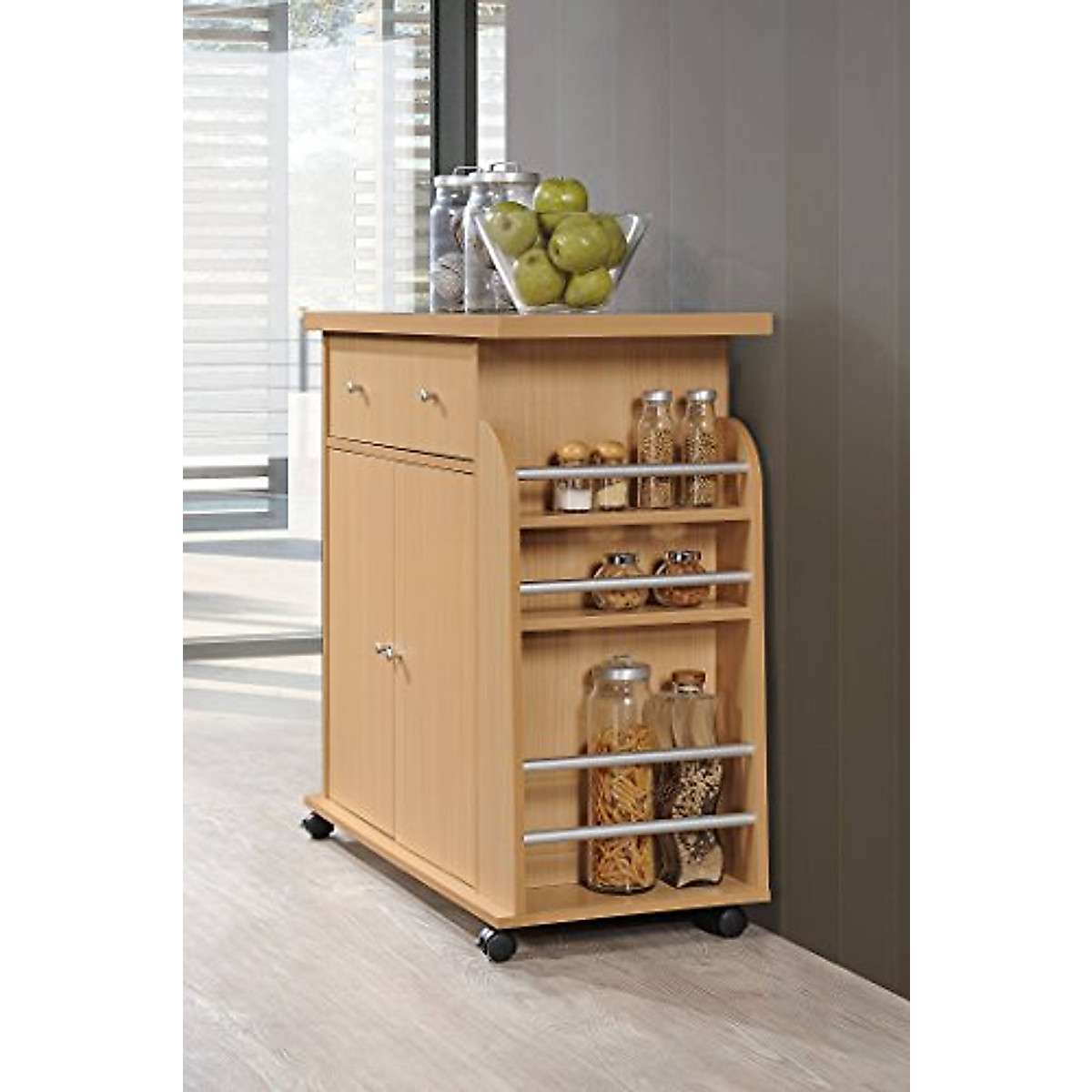 Hodedah Import Kitchen Island with Spice Rack and Towel Rack, Beech