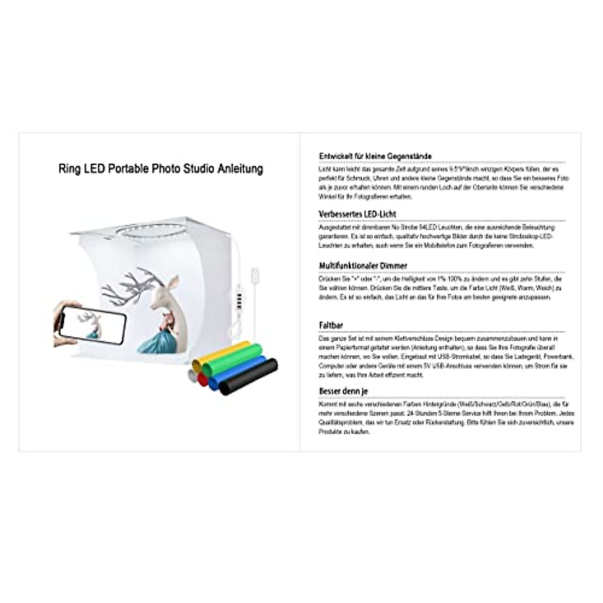 Photo Studio Light Box,Photo Shooting Tent kit,Portable Folding Home Photography Light Tent kit with White/Warm/Soft Lighting + 6 Color Backgrounds for Jewellery,Accessories,Toys and Small Items