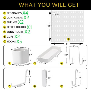 MULSAME Pegboard Combination Kit, Wall Mounted Storage Set with 8 Pegboards & 28 Accessories Hanging, White Peg Boards Organizer for Walls Display, Crafts Organization, Kitchen Organizer, 22" x 44"