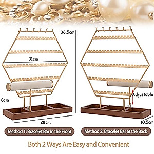 QILICHZ Earring Holder Stand Earring Organizer 6-Tier Earring Stand Hexagonal Jewelry Stand Jewelry Holder Jewelry Organizer with Wooden Tray for Jewelry Storage and Showcase (Gold 6-Tier)