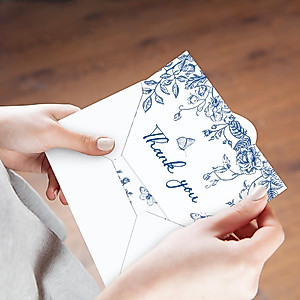 Whaline 32 Packs Floral Thank You Cards Blue White Chinoiserie Flower Greeting Cards Blank Note Cards with Envelopes and Stickers for Wedding Birthday Bridal Shower, 4 x 6 Inch
