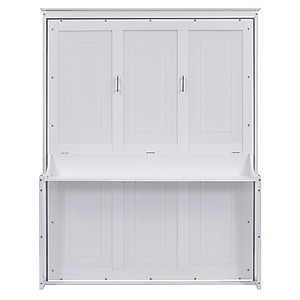Brabrety Versatile Wooden Queen Size Murphy Bed with Storage Shelf,for Small Spaces Apartments Studio Guest Room Use (Queen, White@Shelf)