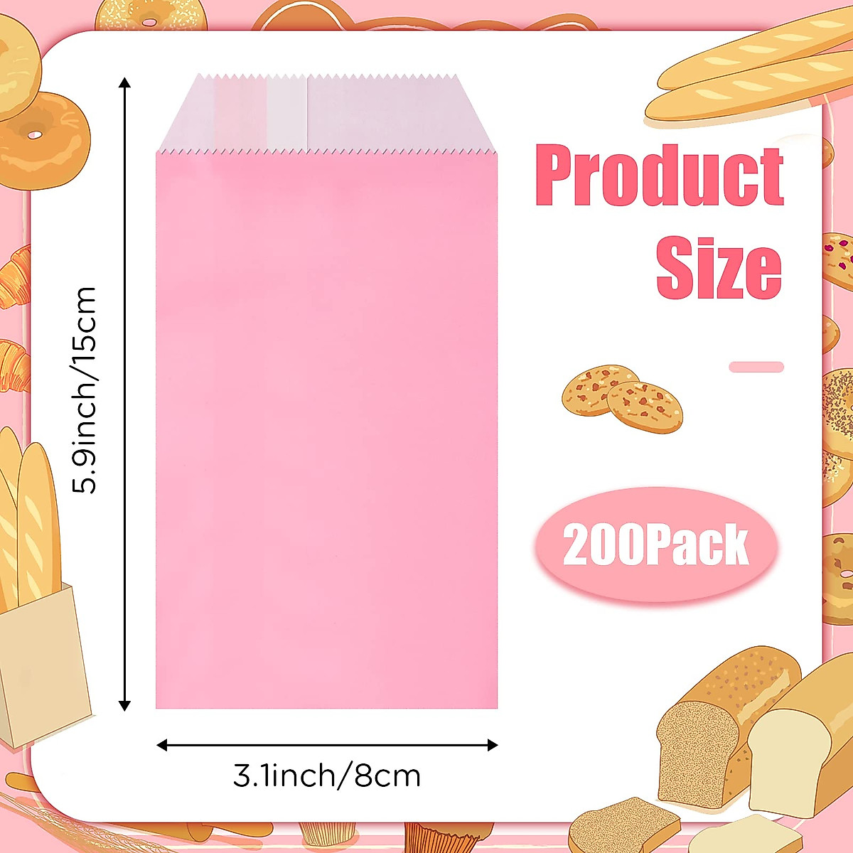 Geyee 200 Pcs Pink Small Paper Treat Sacks 3.1 x 5.9 Inches Candy Buffet Bags Small Flat Kraft Paper Bags Bulk for Snack Cookie Popcorn Candy Sandwich Gift Party