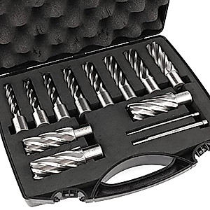 WICHEMI Annular Cutter Set 3/4 Inch Weldon Shank 2 Cutting Depth and Cutting Diameter from 7/16 to 1-1/16 for Magnetic Drill Press HSS Standard Kit Two Flat with 2 Pilot Pins