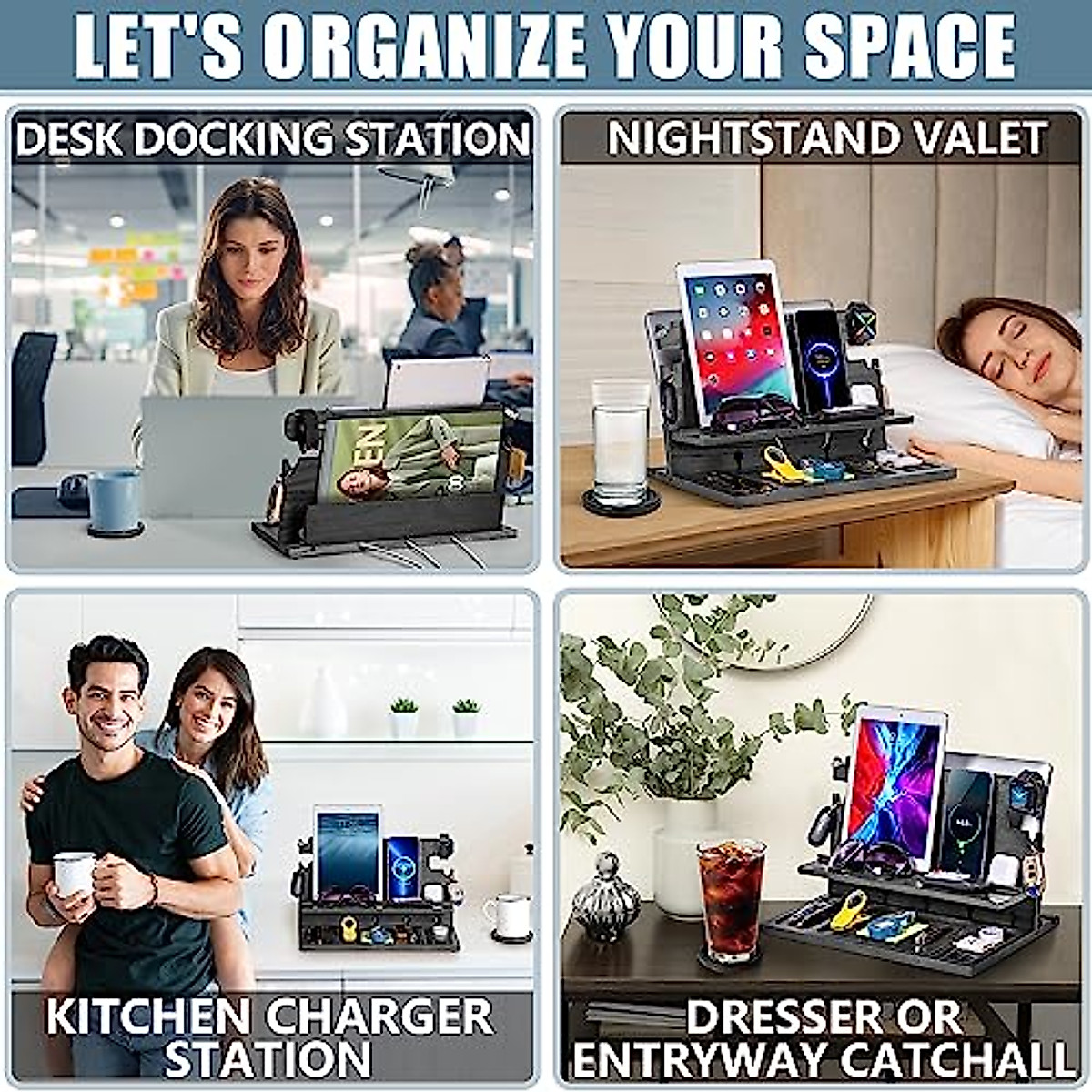 Black Extra Large Wood Phone Docking Station - Nightstand Organizer for Men & Women, iPad Stand For Desk, Tablet Stand Holder, Apple Watch Compatible, Holds Phones, Tablets, Keys, Glasses, EDC & more