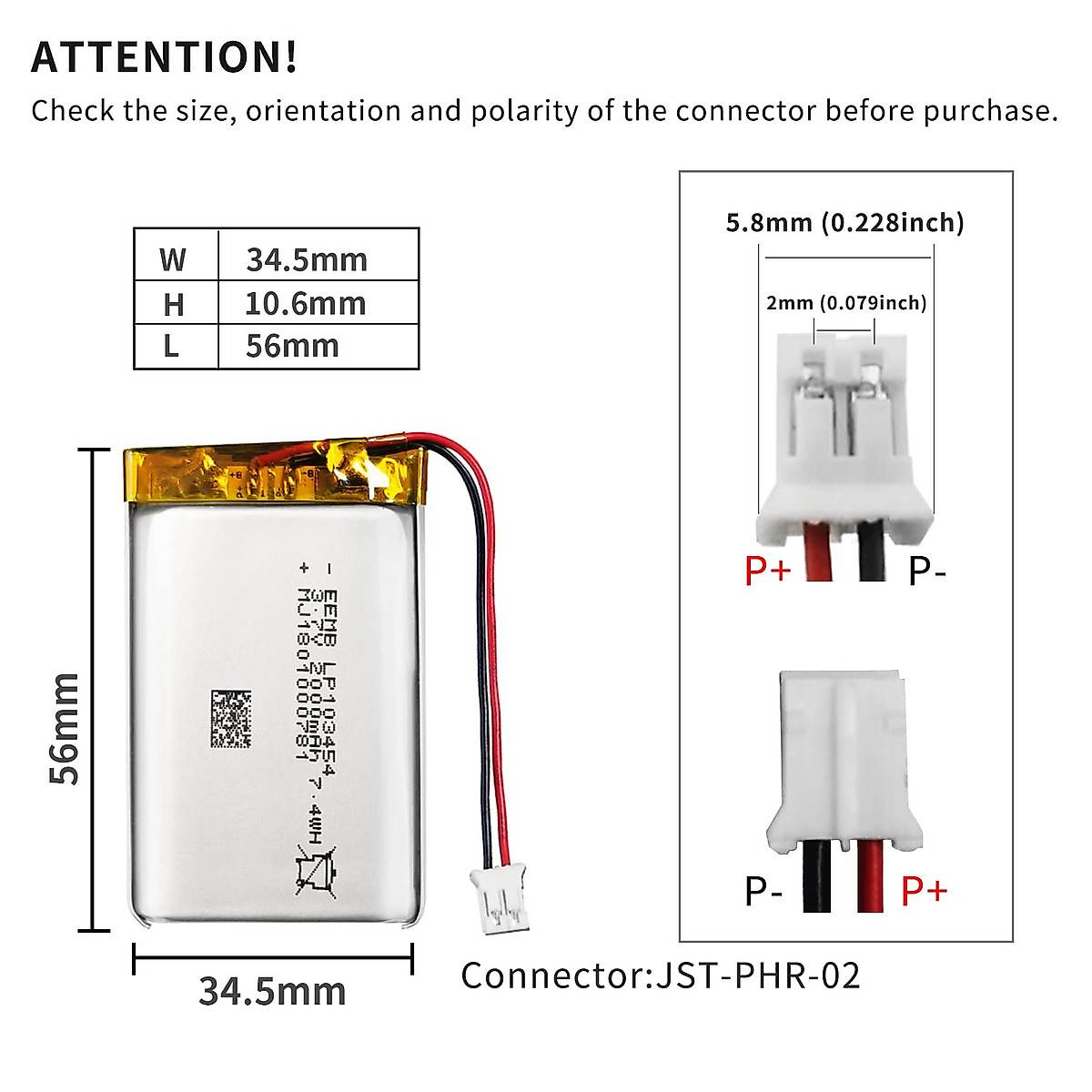 EEMB Lithium Polymer Battery 3.7V 2000mAh 103454 Lipo Rechargeable Battery Pack with Wire JST Connector for Speaker and Wireless Device- Confirm Device & Connector Polarity Before Purchase