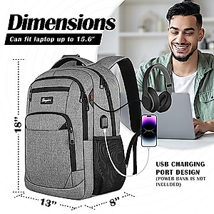 Laptop Backpack 17.3 Inch, School Backpack with USB Charging Port for teen boys, Unisex Large Travel Backpacks, Anti-theft Work Bookbags, Back to School College Backpack with Compartment, Grey