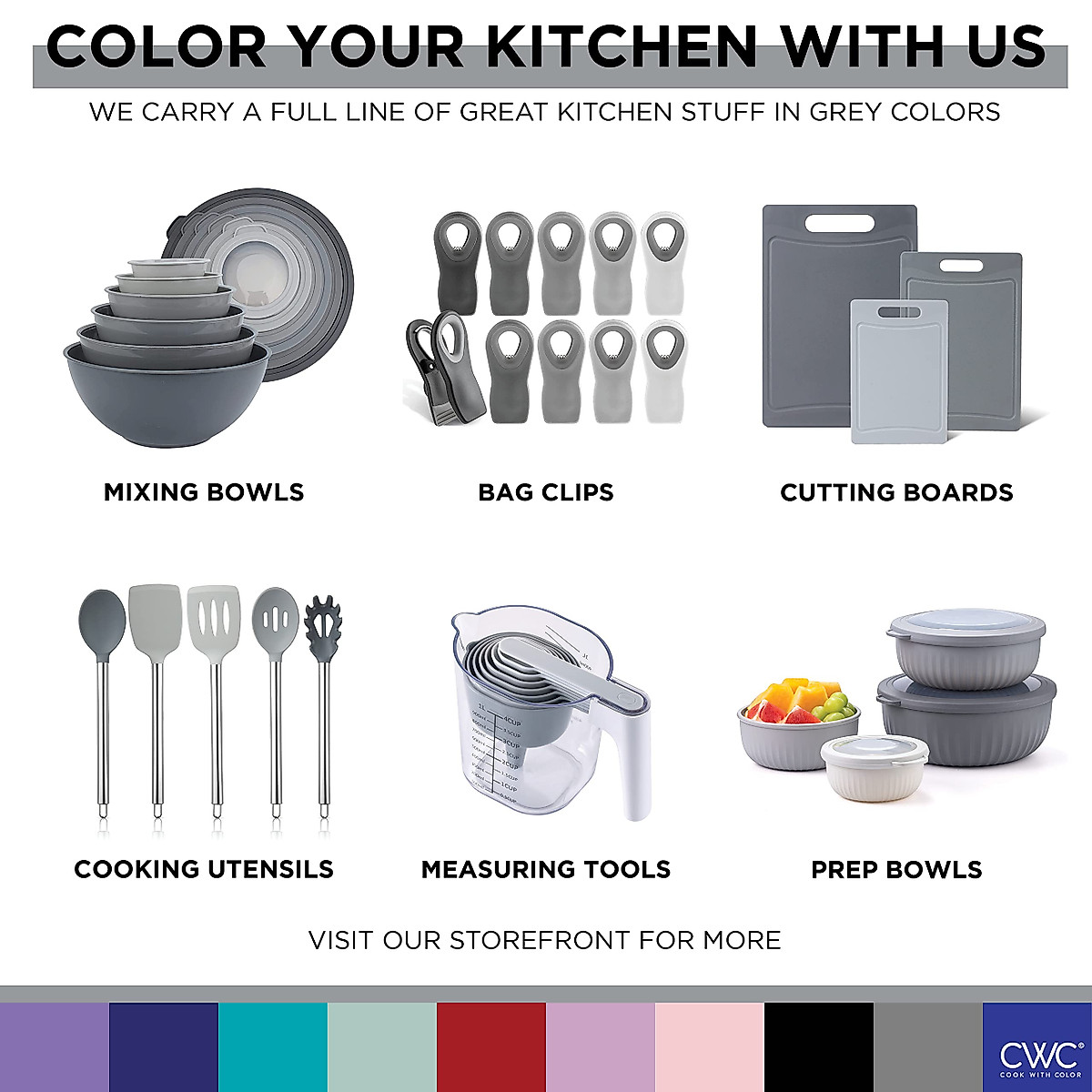 COOK WITH COLOR Prep Bowls with Lids- Deep Mixing Bowls Nesting Plastic Small Mixing Bowl Set with Lids (Grey Ombre)