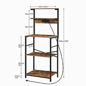 HOOBRO Bakers Rack with Power Outlet, 5-Tiers Microwave Stand with Storage, Kitchen Rack Storage Shelf with 4 S-Shaped Hooks, Coffee Bar, for Kitchen, Living Room, Rustic Brown and Black BF12UHB01