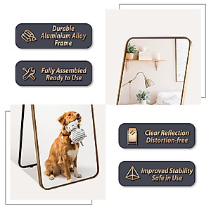 PHAREGE Brass Gold Full Length Mirror with Stand, 60x18 inch Full Body Size Standing Mirror for Bedroom Floor, Anti-Slip Bottom