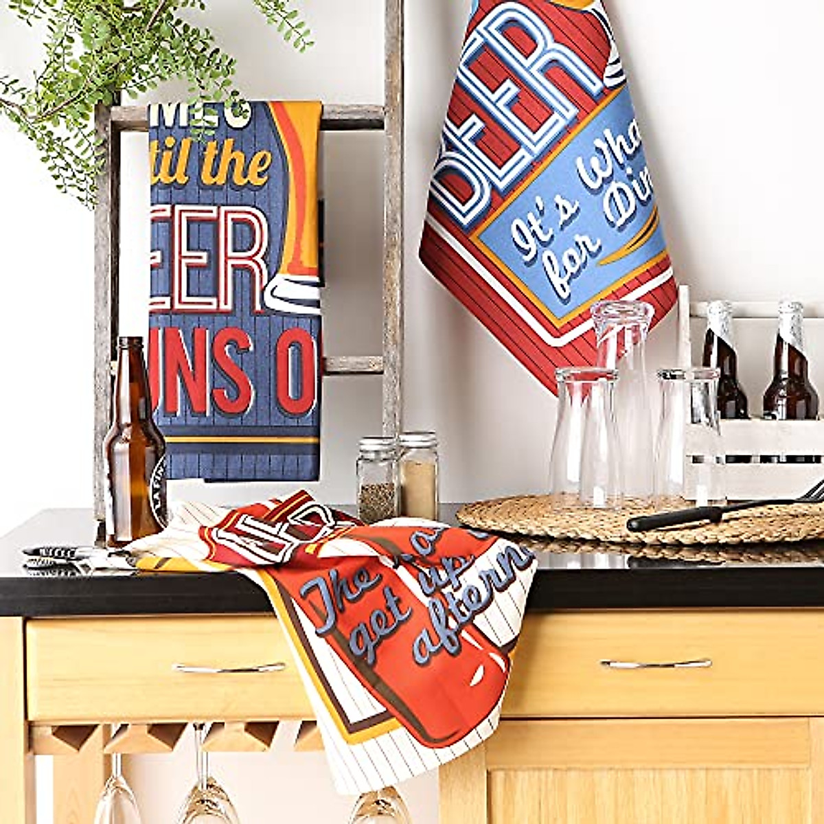 DII Assorted Print Dishtowel Set, 18x28", Retro Beer, 3 Count