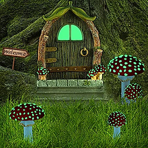 JFMAMJ Fairy Door and Mushrooms for Garden, Glow in The Dark Fairy Garden Decor Accessories, Fairy Wild Garden Accessories Resin Miniature Garden Accessories, Micro Landscape, Mushroom Statue