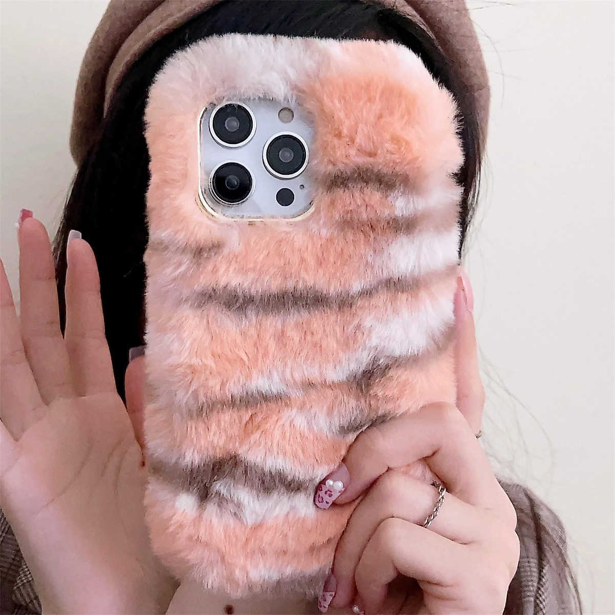 for Samsung A04/A04s Furry Phone Case, Tiger Calico Tabby Cat Striped Gradients Animal Fur Pattern Fuzzy Fluffy Soft Warm Hair Plush Phone Case
