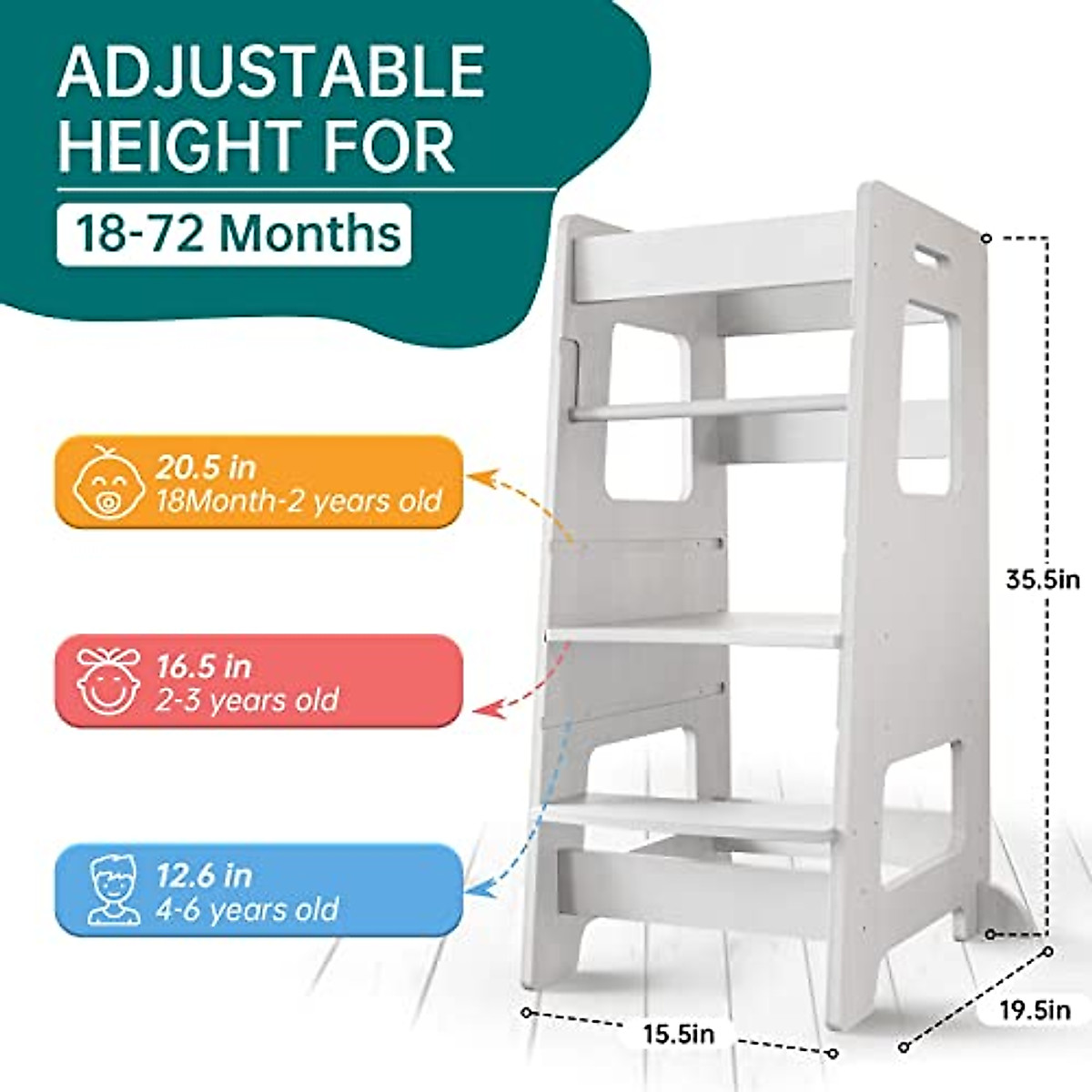Kitchen Step Stool, WOOD CITY Toddler Kitchen Stool Helper with Safety Rail, Height Adjustable Child Standing Tower Learning Stool for Kitchen Counter and Bathroom Sink (White)