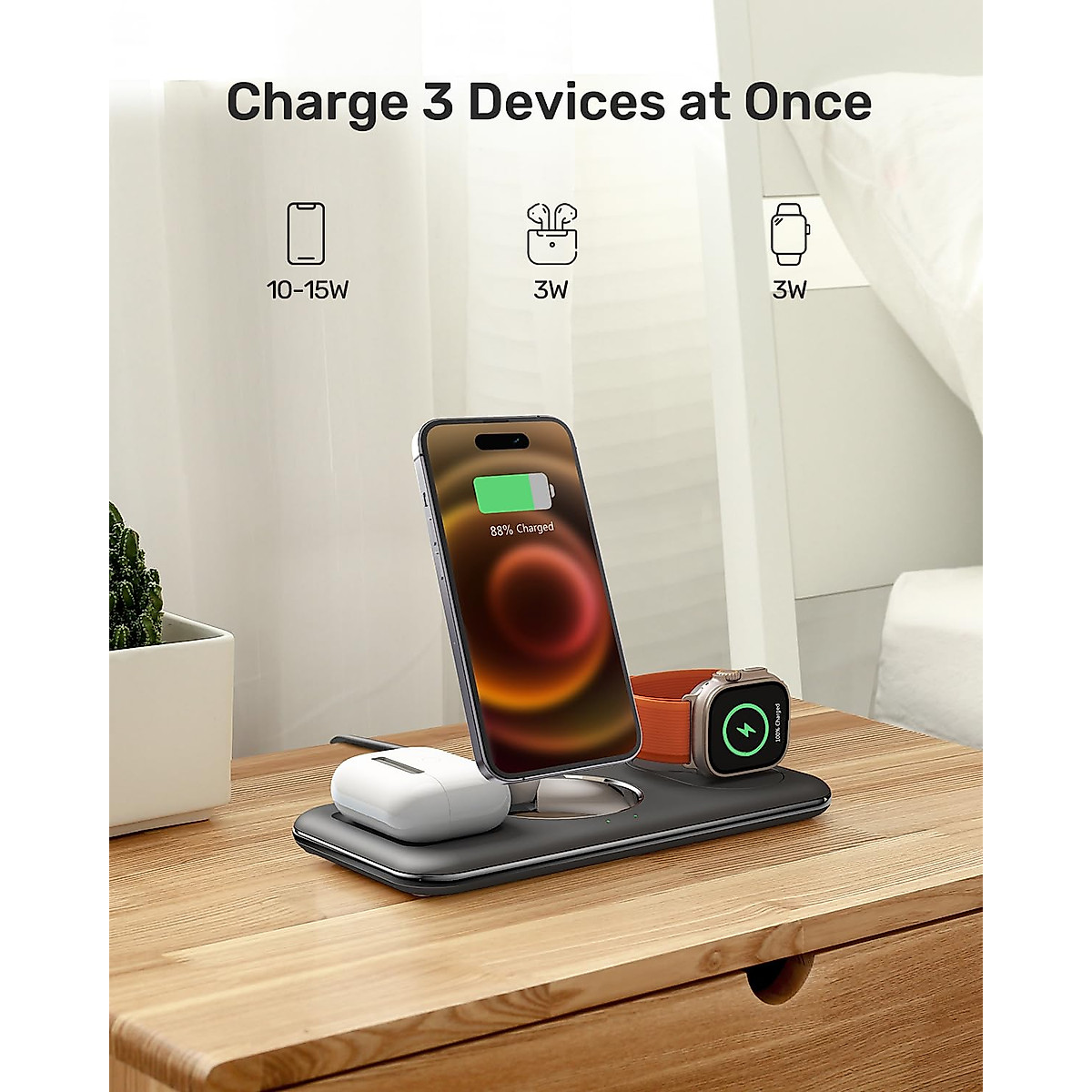 Foldable 3 in 1 Wireless Charger, Metal Design, NELUXFE Charging Station Compatible with MagSafe for iPhone 14/13/12 Pro Max, Apple Watch and AirPods (Black)