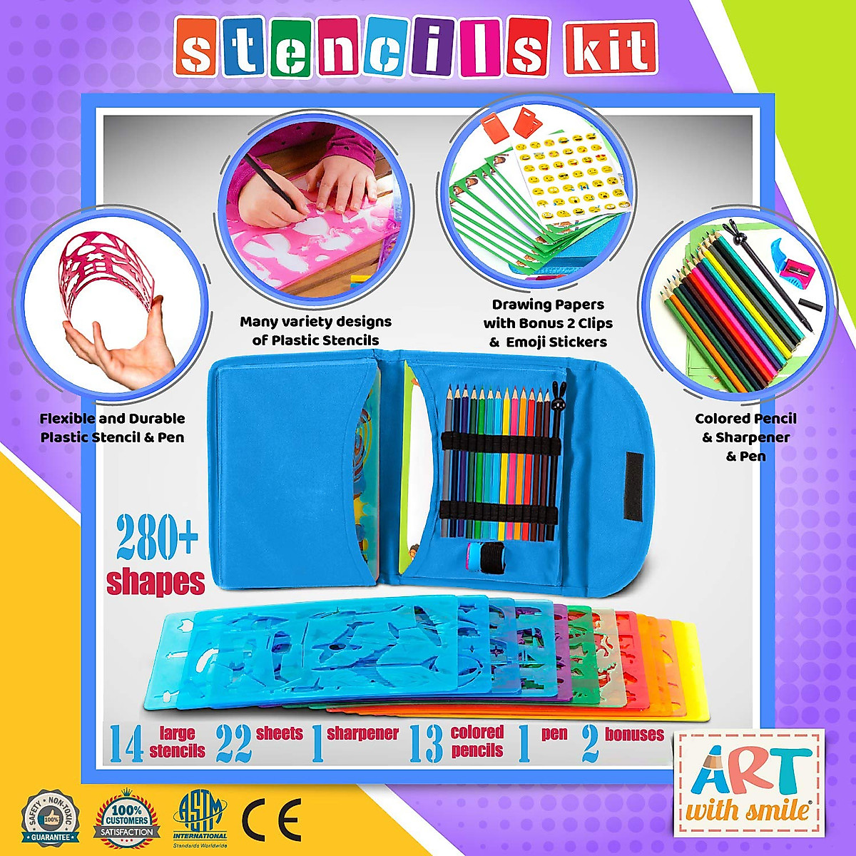 Drawing Stencils Set for Kids (55 Piece) - Arts and Crafts Set for Girls & Boys - Christmas & Birthday Gifts for Kids 4 5 6 7 8 9+ Year Old - Ideal Creativity Kit & Travel Activity with 300+ Shapes