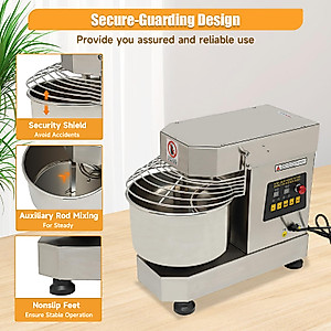 Commercial Food Mixer, 10.5Qt Capacity, 750W Dual Rotating Dough Kneading Machine with Food-grade Stainless Steel Bowl, Security Shield & Timer Included, Baking Equipment for Restaurant (10 QT)