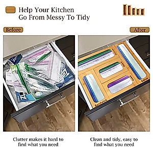 RECAT Bamboo Ziplock Bag Storage Organizer, Plastic Ziploc Bag Organizer for Kitchen Drawer, Baggie Organizer Compatible with Gallon, Quart, Sandwich, Snack and Freezer bag (5 Pack)