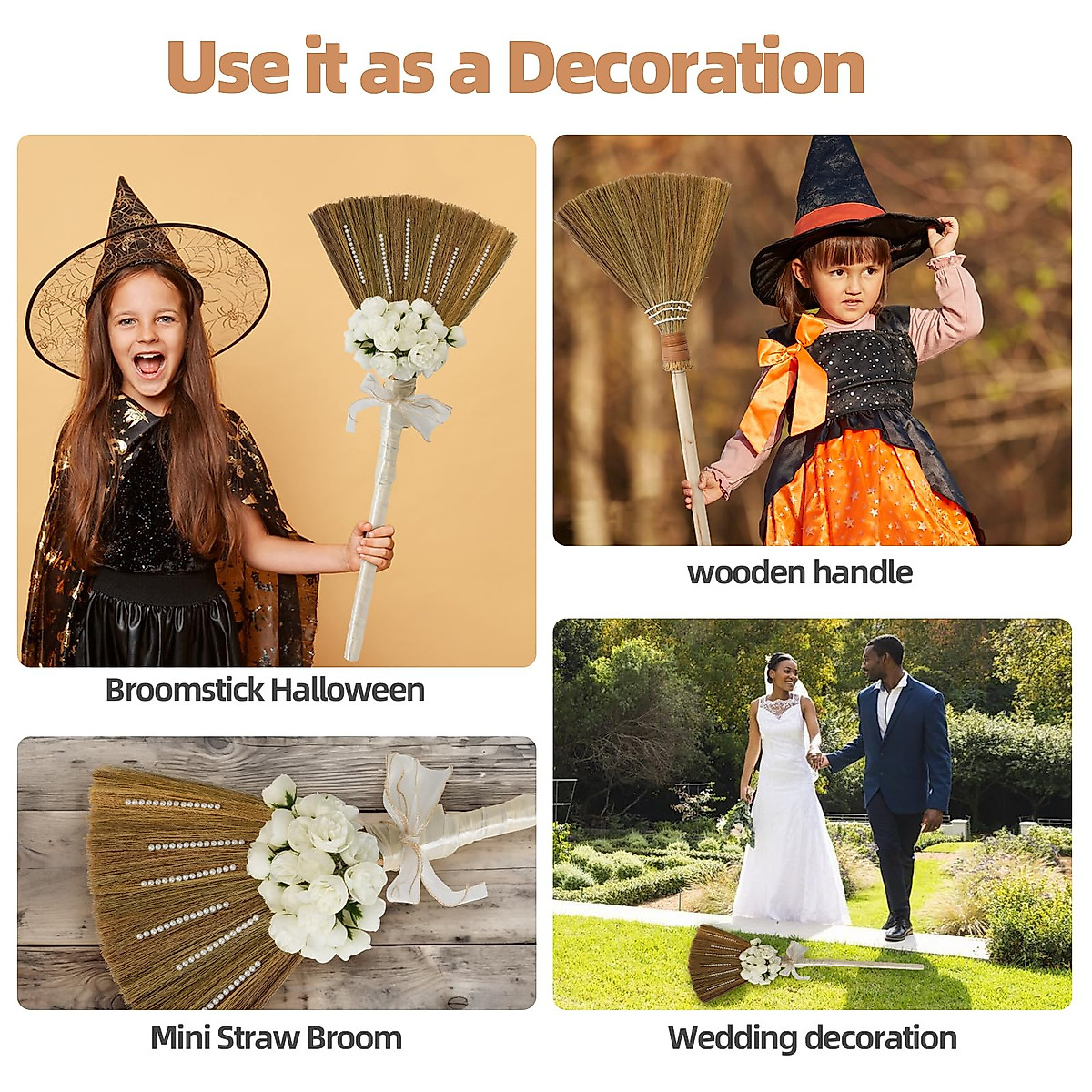 Wedding Broom for Jumping Ceremony, Jumping The Broom for Wedding, Decorative Broom DIY with Ribbons Artificial Pearl Roses