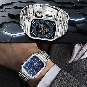 MioHHR Stainless Steel Watch Band with Case Compatible with Apple Watch Series 9/8/7(45mm),Rugged Strap with Metal Protective Bumper Cover for iWatch Band Men(Silver)