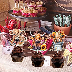 36Pcs Highland Cow Cupcake Toppers Highland Cow Birthday Decorations Highland Cow Party Supplies Highland Cow Cattle Cake Decorations for Farm Animal Birthday Party Baby Shower Supplies