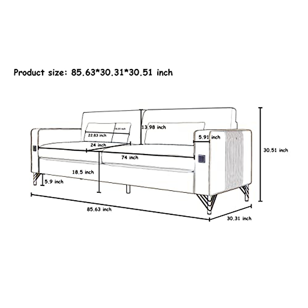 LostCat 85'' Velvet Sofa Couch Mid Century Modern Upholstered 3-Seater Loveseat with 2 Pillows and Armrest for Living Room, Apartment and Small Space, Retro Blue