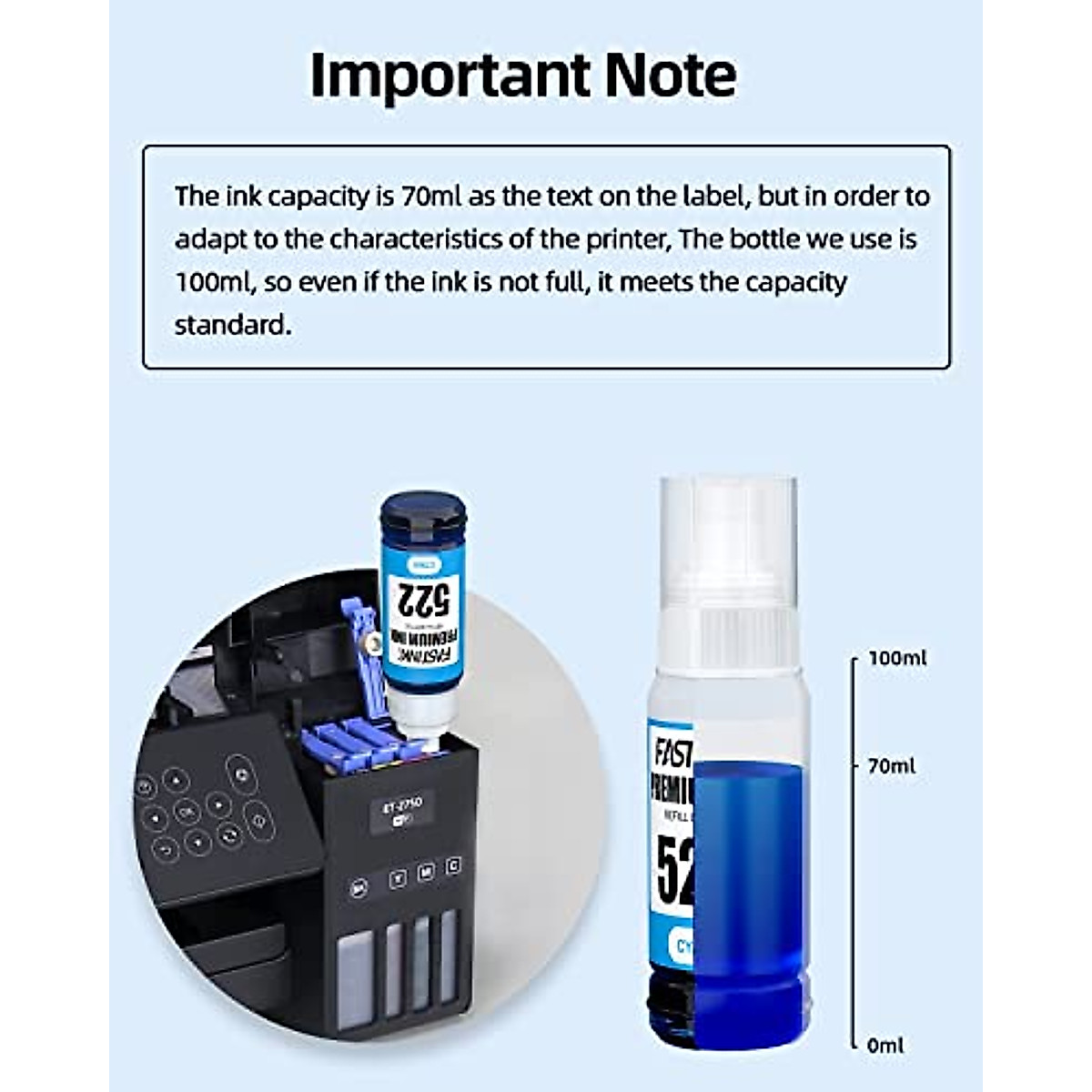 FASTINK Compatible Epson T522 Refill Ink Bottle,High Capacity,5 Pack,Work with EcoTank ET-2720, ET-2800,ET-2803,ET-4800,ET-4700 Printer for Epson 522 Ink Bottle Refill Combo