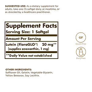 SOLGAR Lutein 20 mg - 60 Softgels, Pack of 2 - Eye Health - Gluten Free, Dairy Free - 120 Total Servings