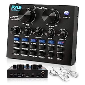 Pyle Bluetooth Mini Audio Podcast Mixer - Live Streaming For PC Computer iPhone Broadcasting Voice Changer V8 Sound Card with 12 Sound Effects,3 Inputs, Mic Input - PKSCRD208.5
